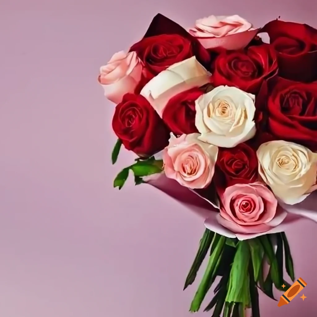 Beautiful bouquet of pink, white, and red roses in a wrapper on Craiyon
