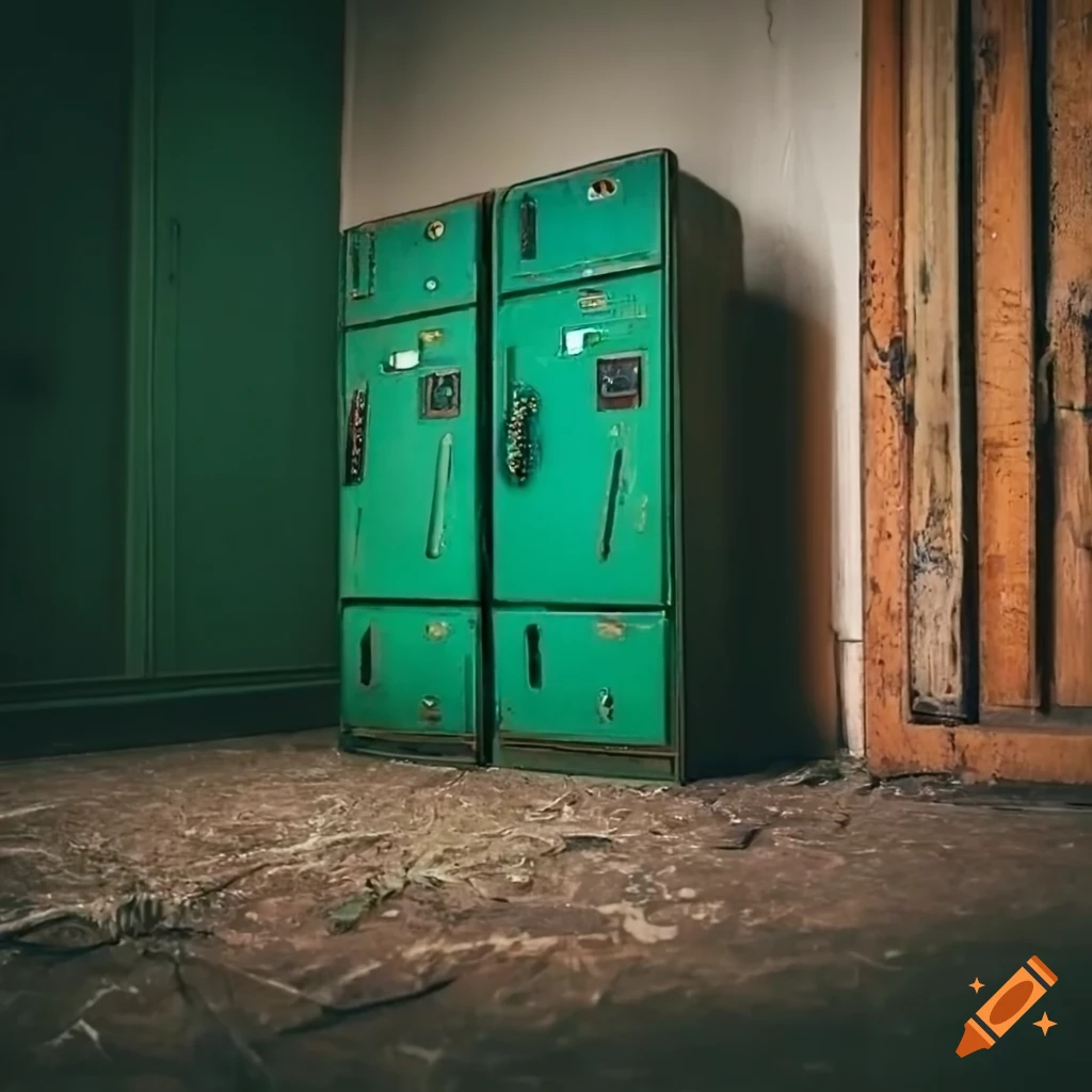 Old deep dark green locker in a shabby changing room with dirty floor ...