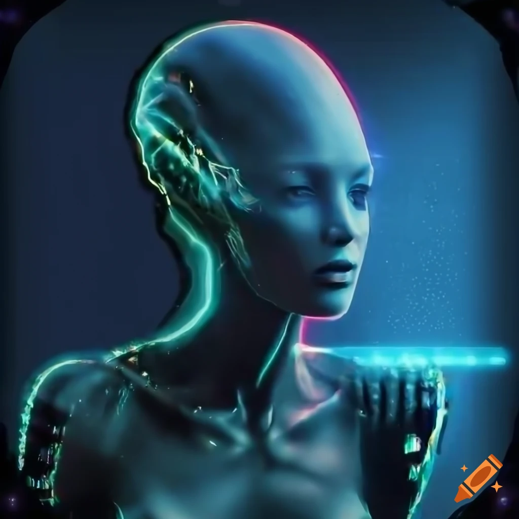 Highly detailed futuristic hologram of an alien spacecraft in a science ...