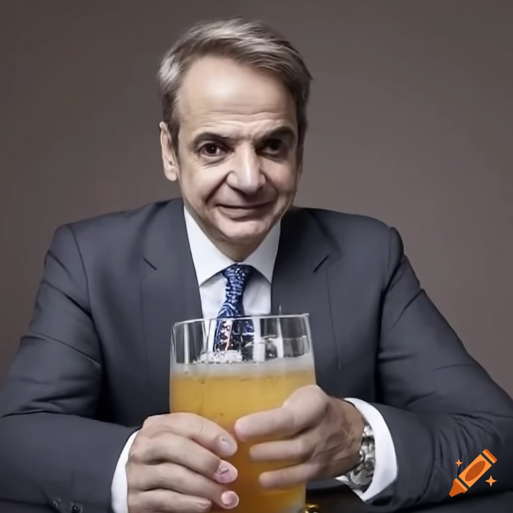 Kyriakos mitsotakis with a glass of beer on Craiyon
