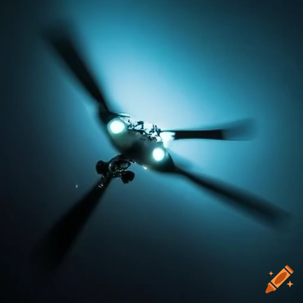 Helicopter with a spotlight searching at night from a hole in a cell on ...