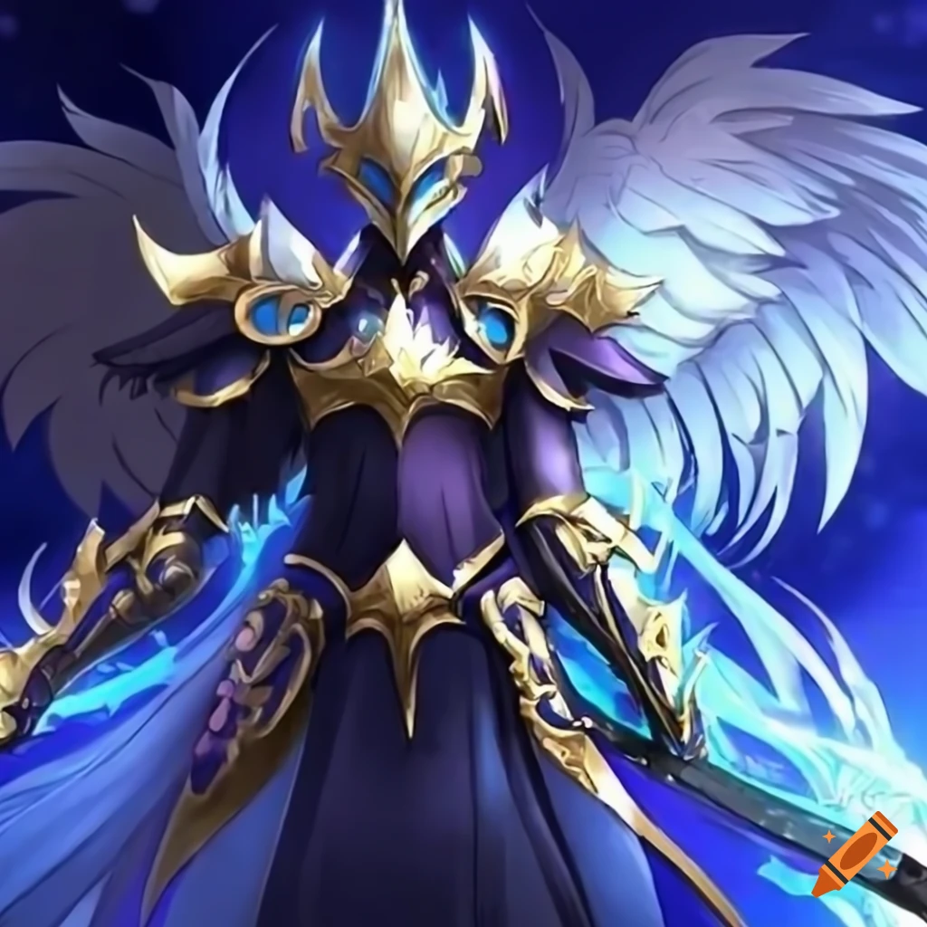 Fantasy anime celestial knight with angelic weaponry on Craiyon