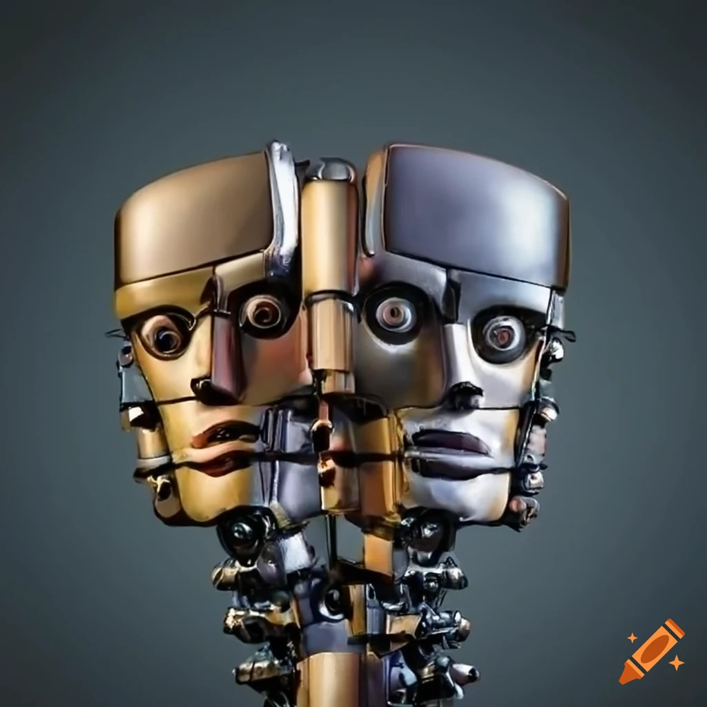 Close-up of two unique metal robot faces in different colors on Craiyon