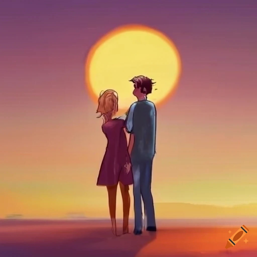 Cartoon illustration of a couple watching the sunset on Craiyon