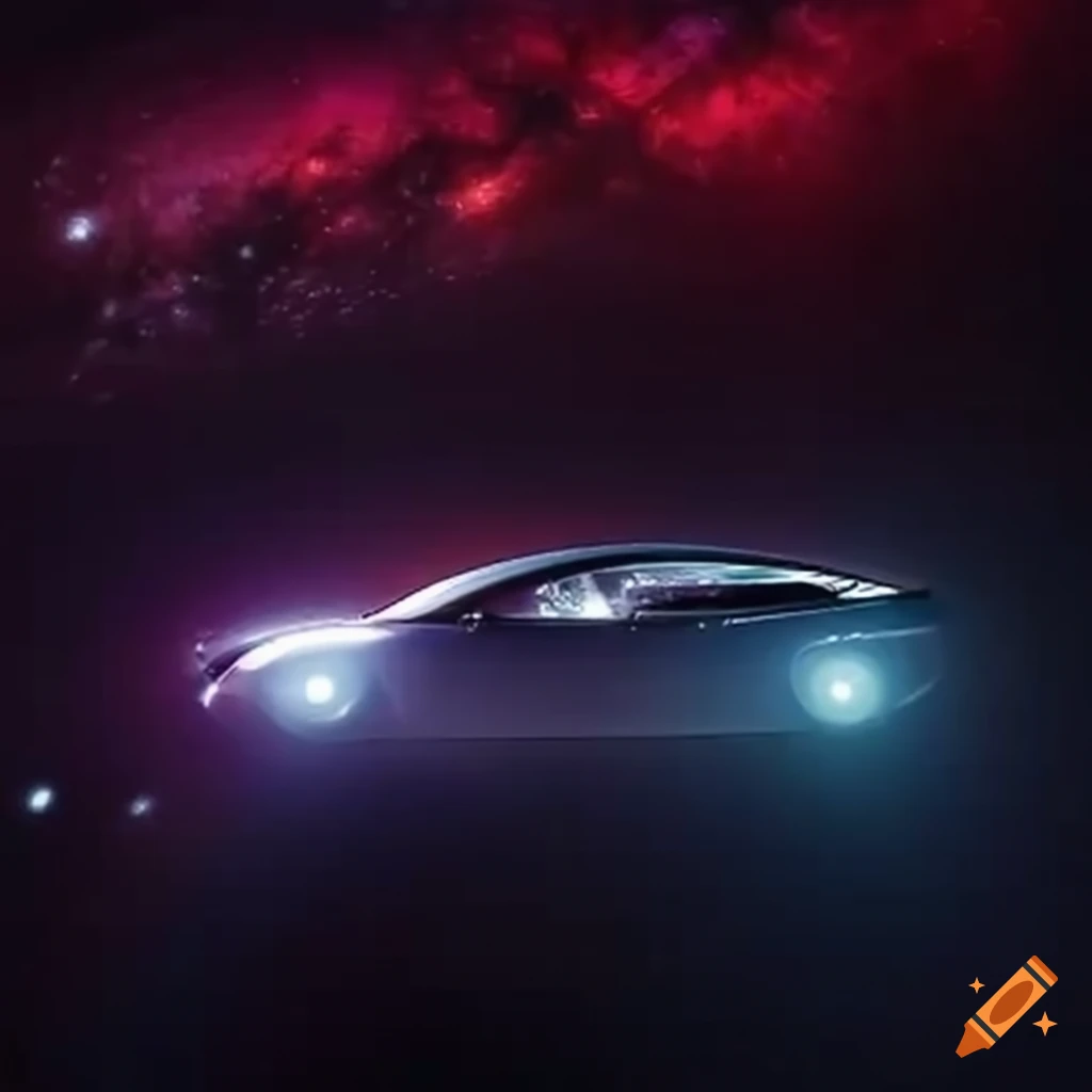 Tesla car with wings flying through space on Craiyon