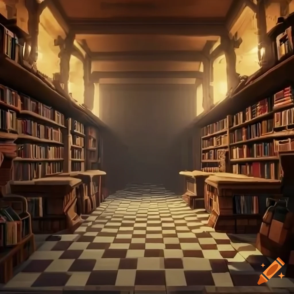 Empty spongebob inspired library with warm glow and wooden designs on ...