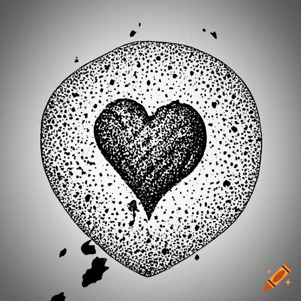 Black and white stipple dotwork heart drawing on Craiyon