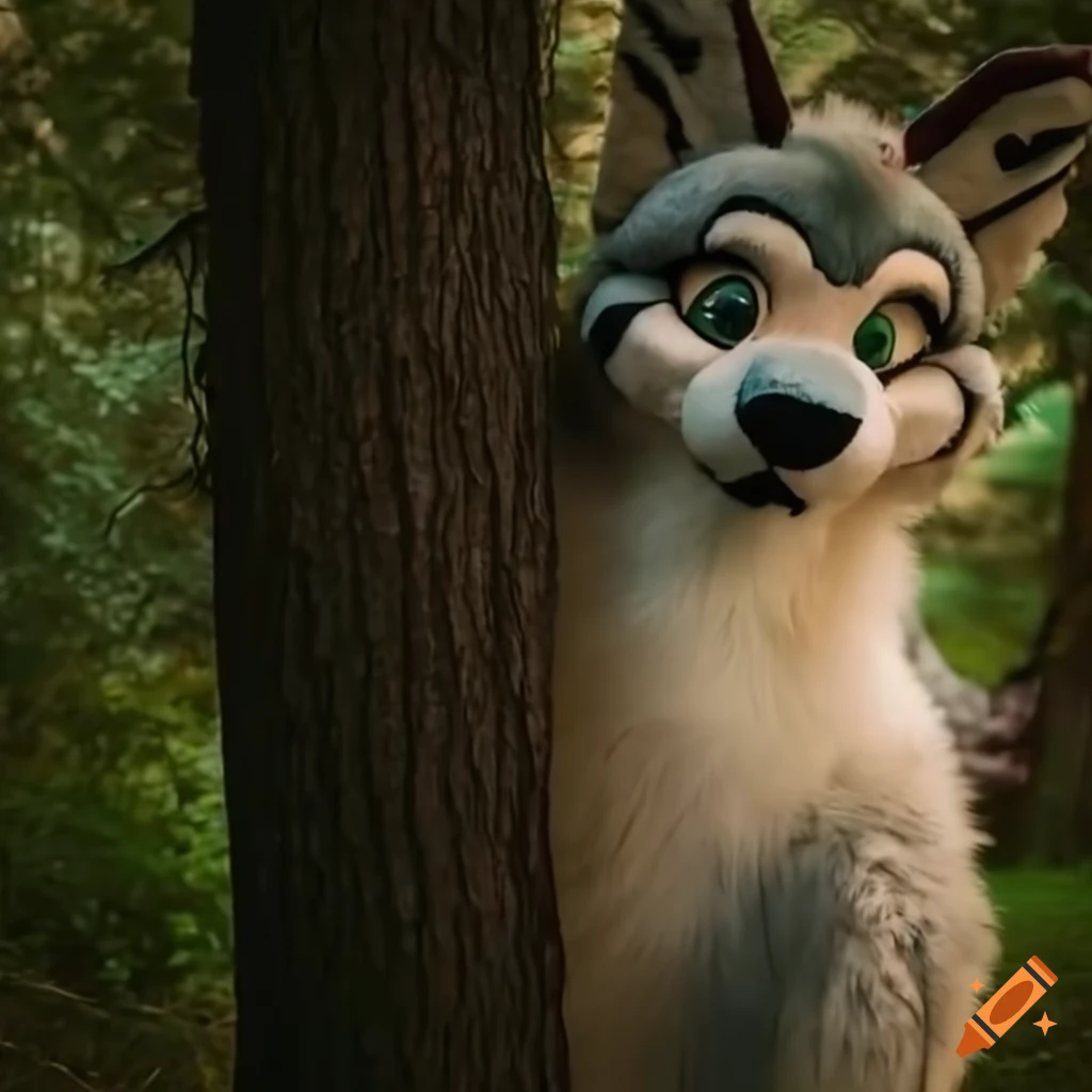 Dad wearing a wolf fursuit hugging a tree in the woods on Craiyon