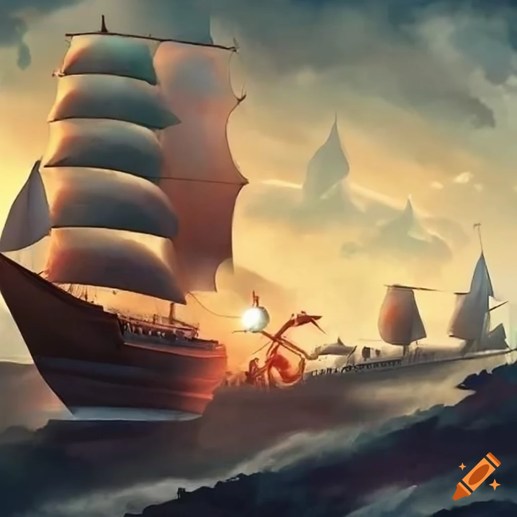 Sailing vessel flying in an eastern mythical fantasy setting on Craiyon