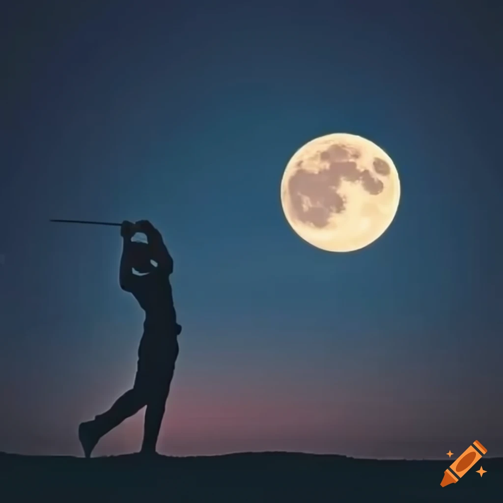 Golfer swinging at sunset with stars and moon in the sky on Craiyon