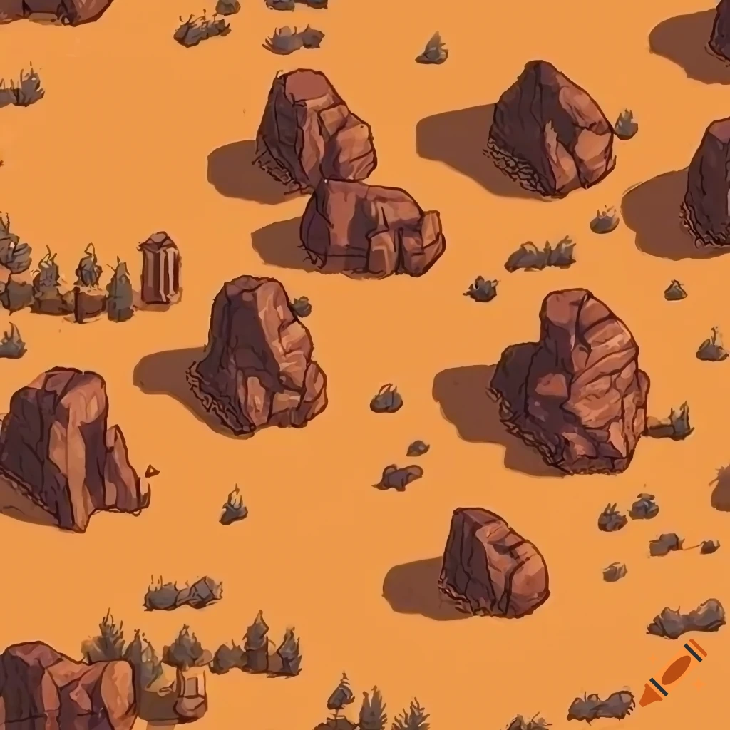 Top down view of a sunny desert with vegetation, rocks, and cliffs in rpg maker tileset style on ...