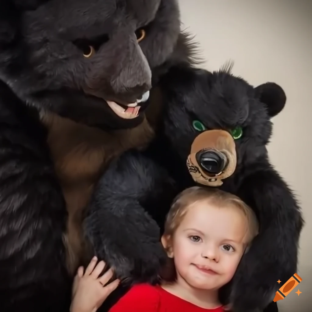 Mom in black bear fursuit comforting her kids at home on Craiyon