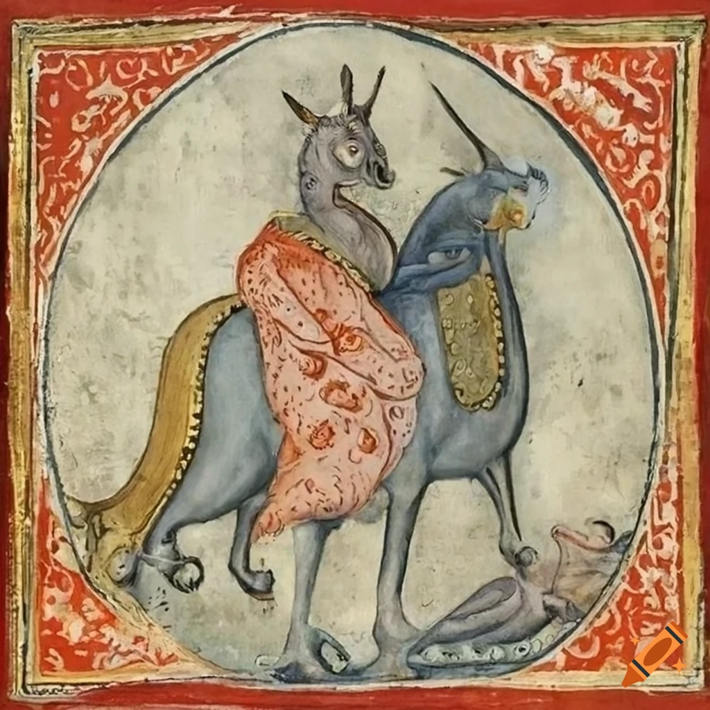 Artwork of medieval bestiary featuring dragons and unicorns on Craiyon