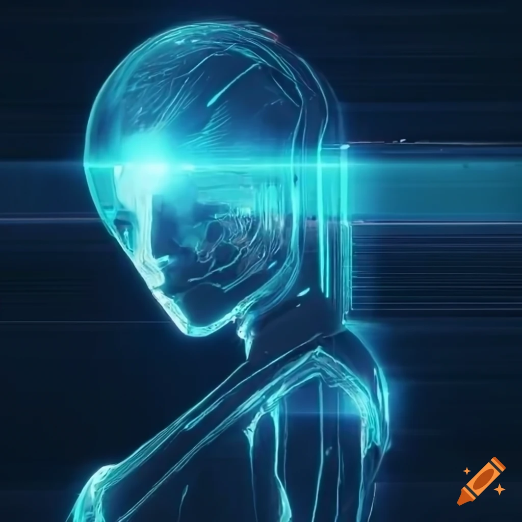 Highly detailed futuristic hologram of an alien spacecraft in a science ...