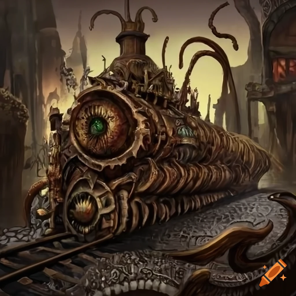 Steampunk train with Lovecraftian eldritch wyrm on Craiyon