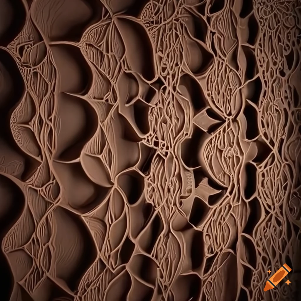 Intricate patterns on a clay 3d printed wall installation on Craiyon