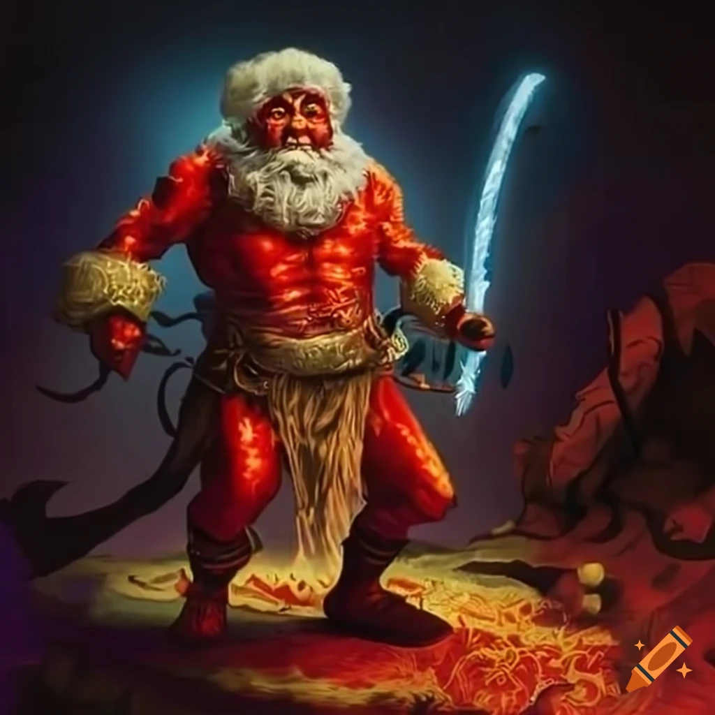 Hawaiian santa with laser sword arm battling evil hellspawn on Craiyon