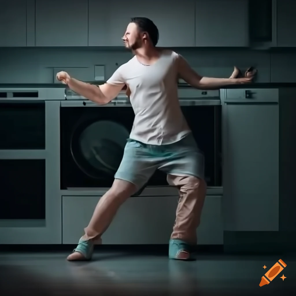 Man dancing in the kitchen while doing laundry for his family on Craiyon