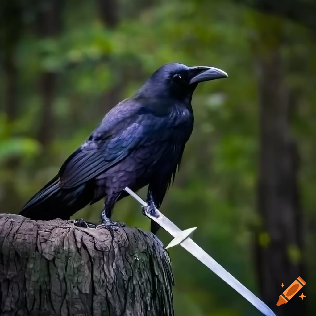Close-up of a crow holding a sword in a dark forest setting on Craiyon