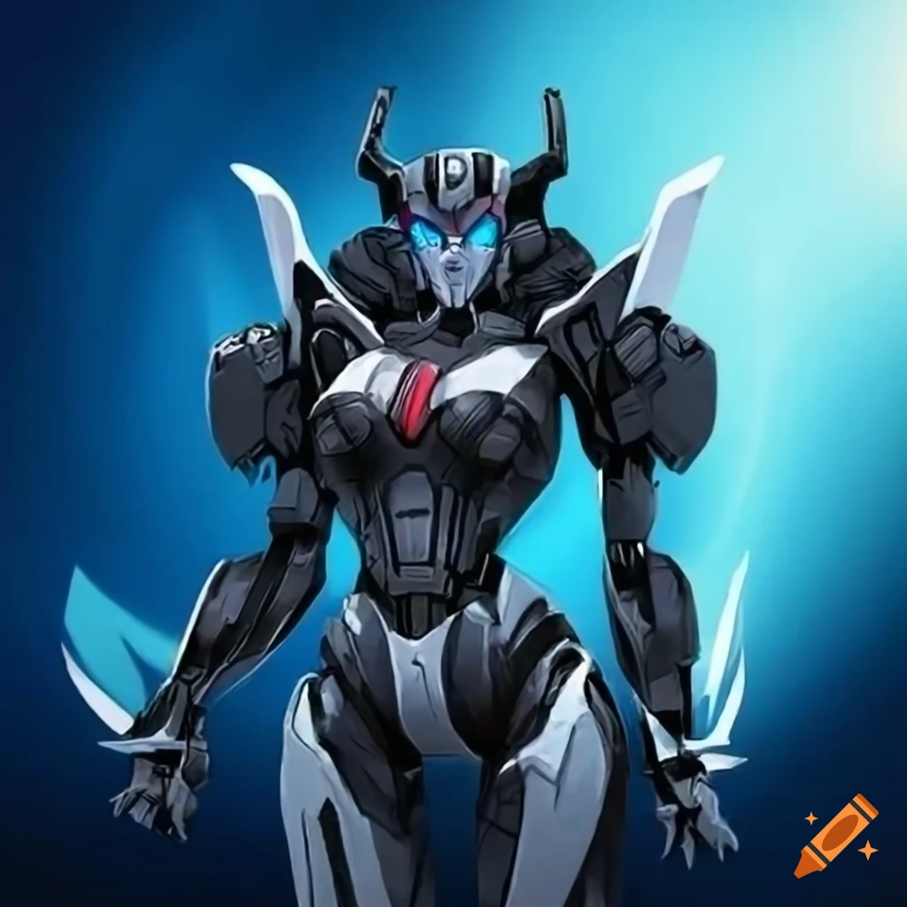 Female transformer character design in blue, black, and white colors on ...