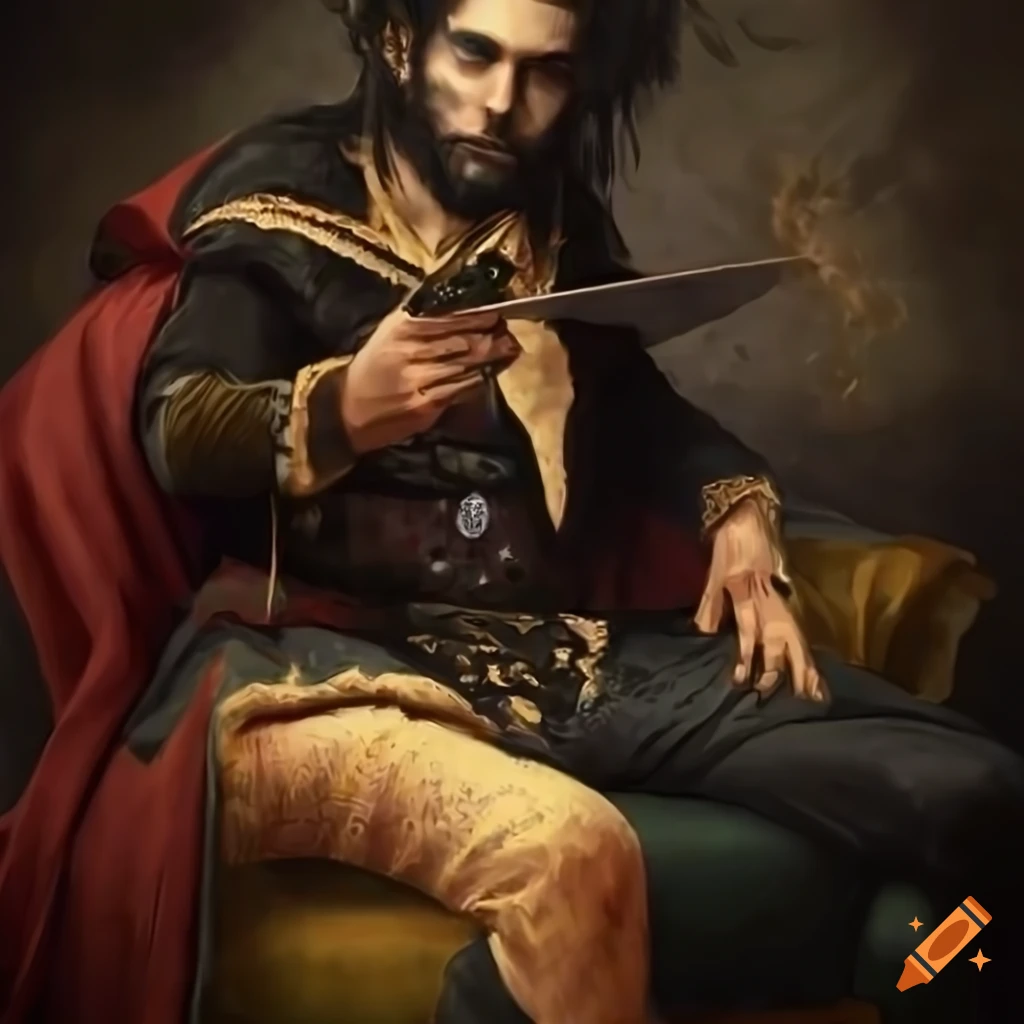 Scruffy male human bard in fancy clothes sitting with parchment and ...