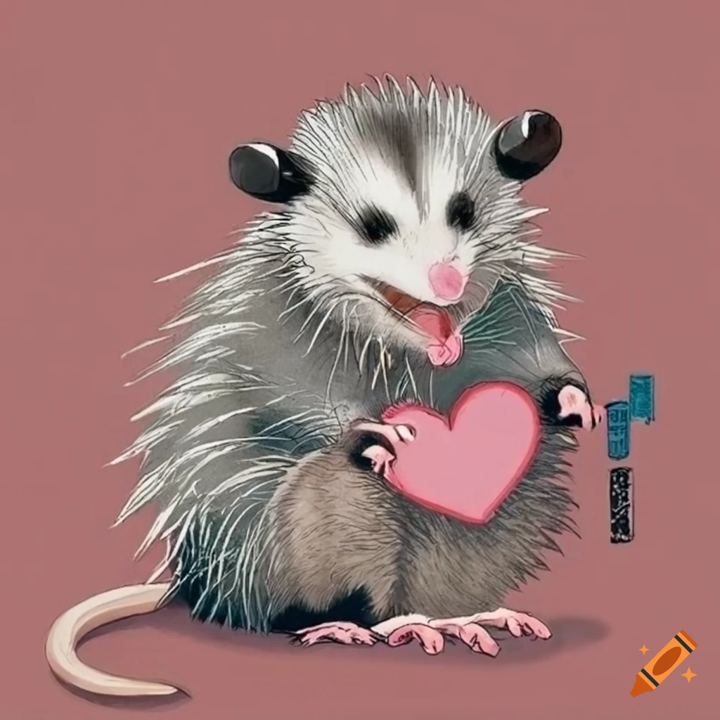 Opossum receiving a valentines day card in ukiyo-e style on Craiyon