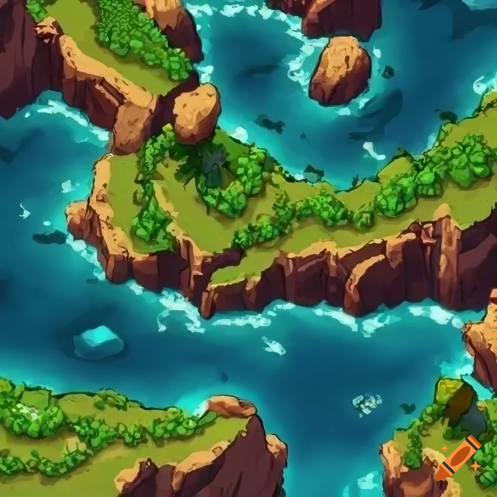 Peninsula with large rocks on a sunny day in 2d art on Craiyon