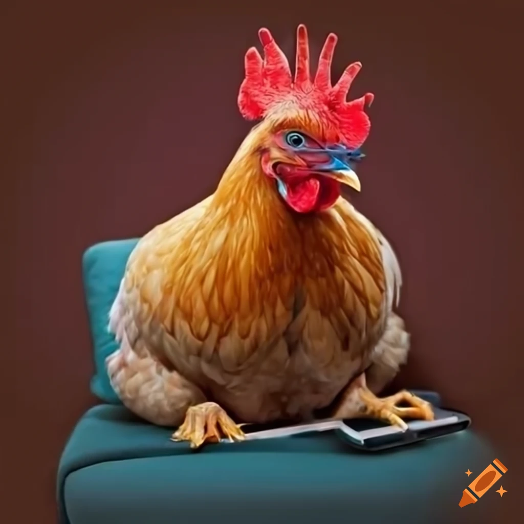 Chicken with blue glasses using an ipad on a couch on Craiyon