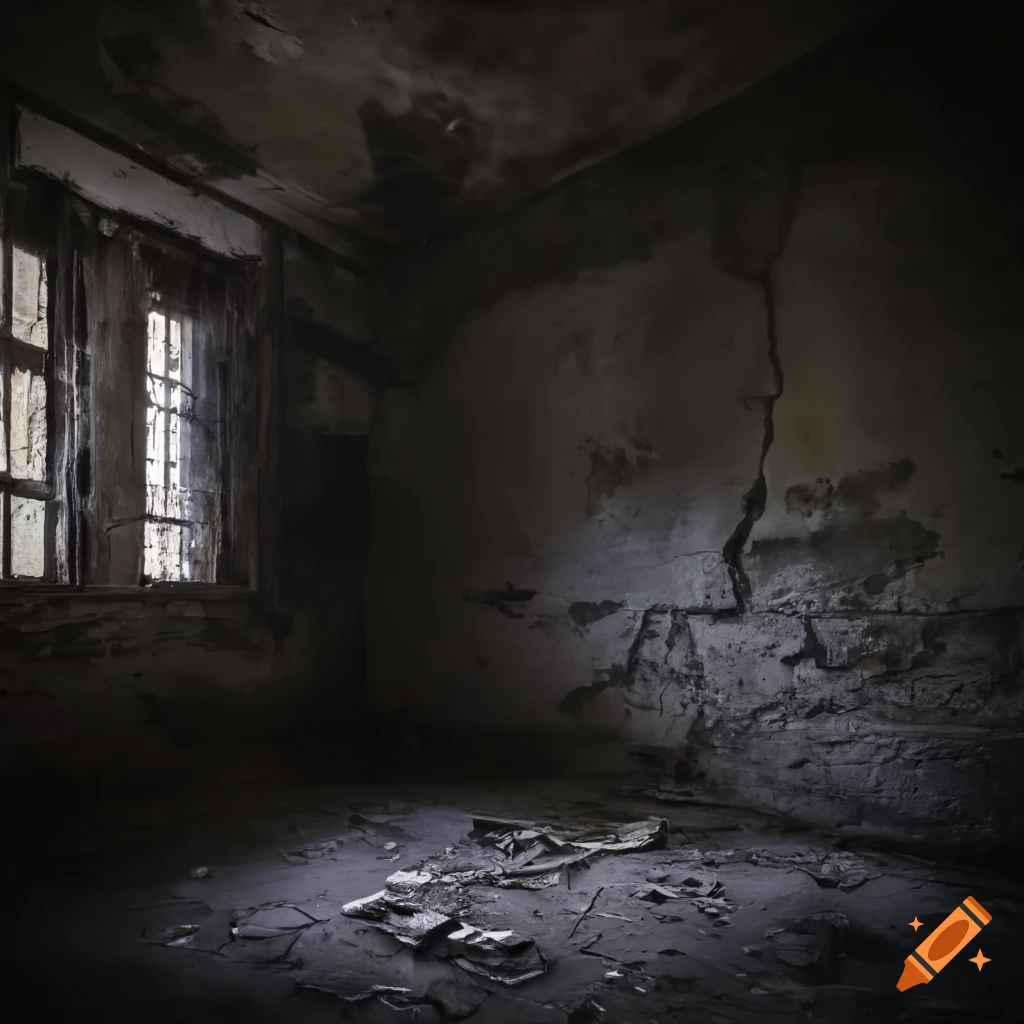 Wide view of an abandoned dark empty room with stone walls, chimney ...