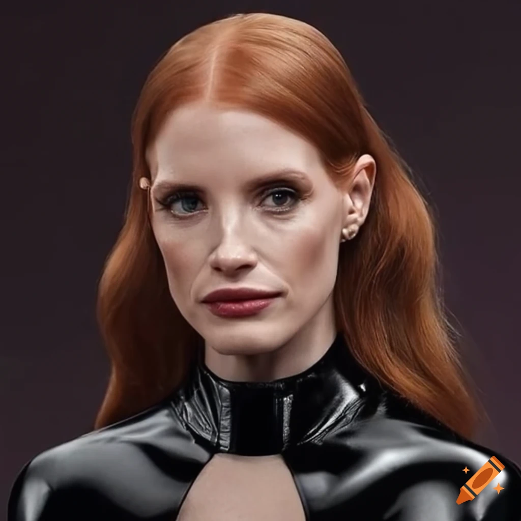 Jessica Chastain in a shiny black body suit on Craiyon
