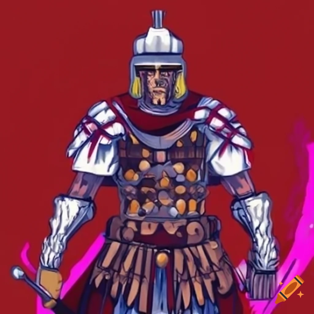 Anime roman soldier with a sword in a menacing stance on Craiyon