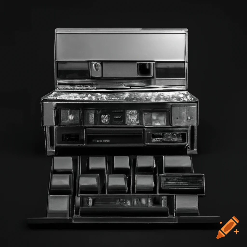 Sculpture made of keyboard keys, vhs cassette, and microwave on black ...