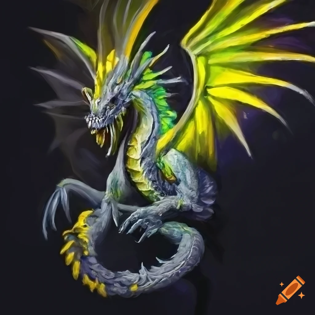 Gray dragon covered in green jewels on a dark background in oil ...