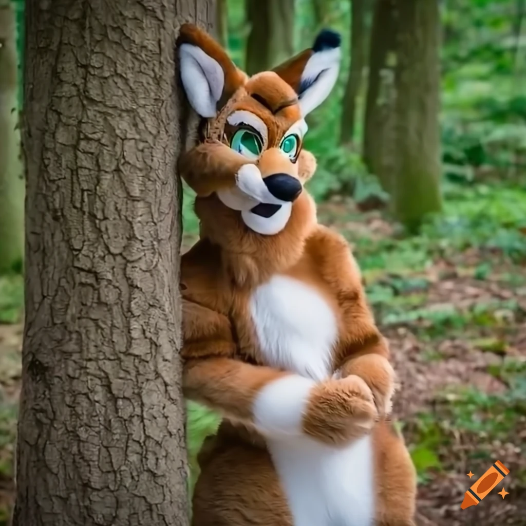 Tall dad wearing a deer fursuit in woodland with furry tail up on Craiyon