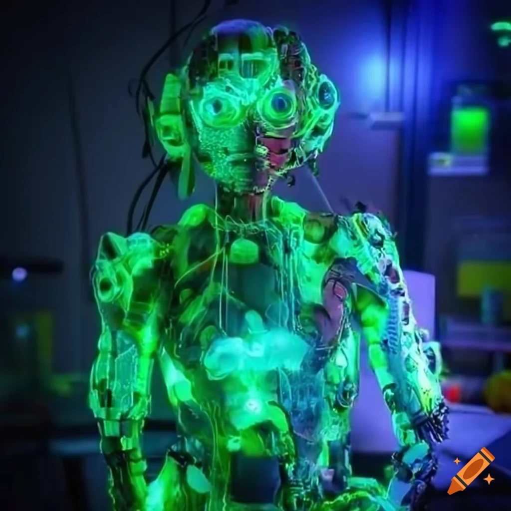 High-tech biopunk cyborg covered in glowing moss in futuristic ...