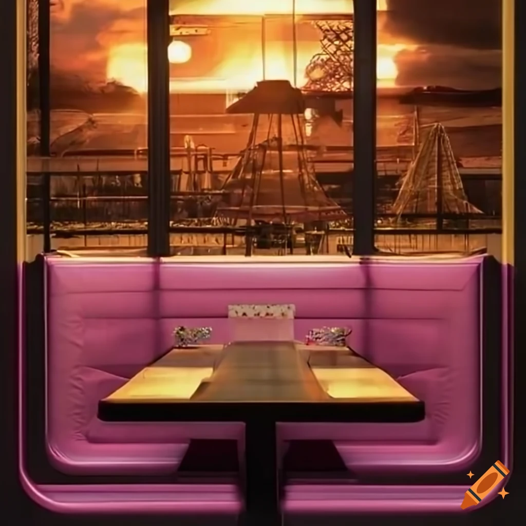 Restaurant booth on a ferris wheel at sunset on Craiyon