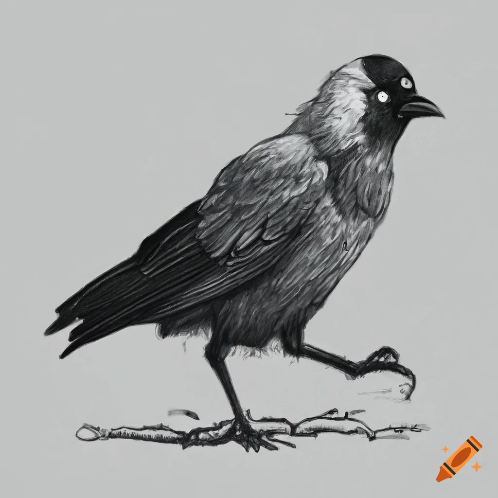 Detailed colored pencil sketch of a jackdaw on newspaper on Craiyon