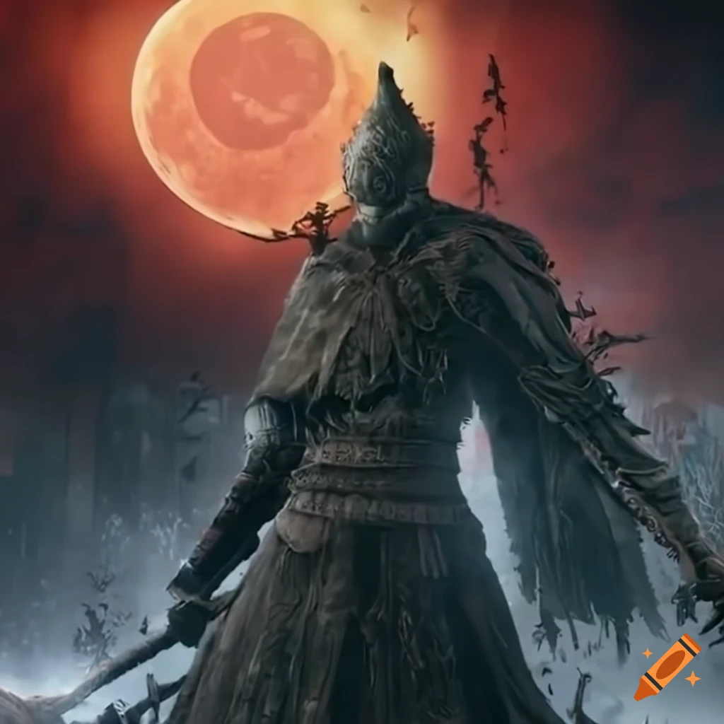 Elden ring and bloodborne characters fighting under a blood moon on Craiyon