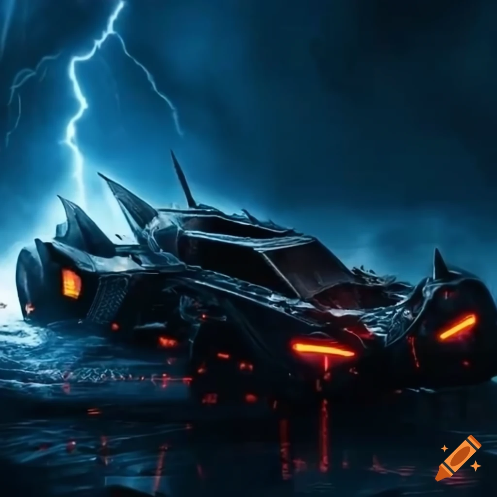 Batmobile in rainy Gotham City firing a rocket with lightning in the ...