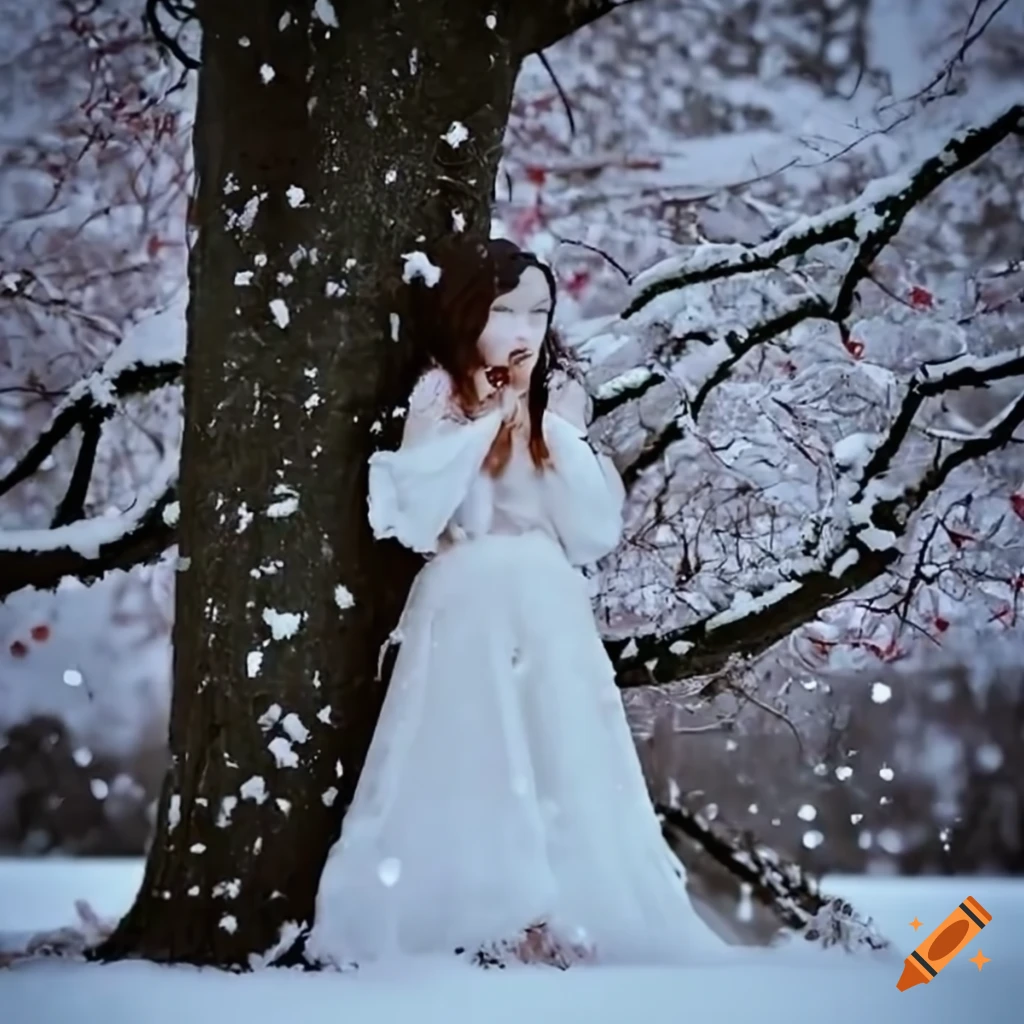 Sad angel under a winter tree with falling snow and pink hearts on Craiyon