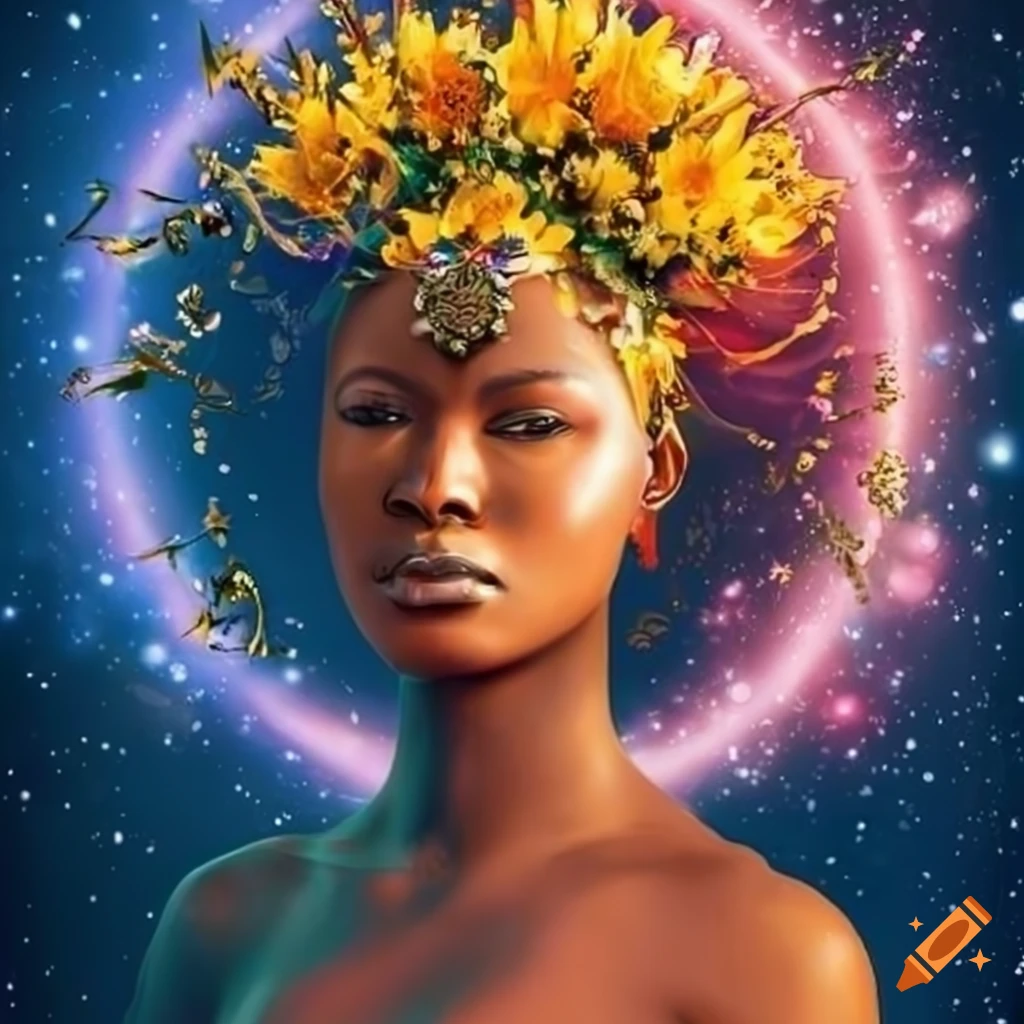 African goddess with spring flowers in her hair under a sky of bright ...