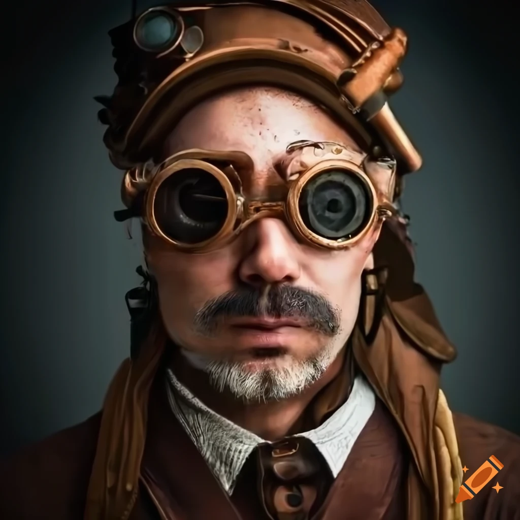 Steampunk man with copper goggles looking straight forward on Craiyon