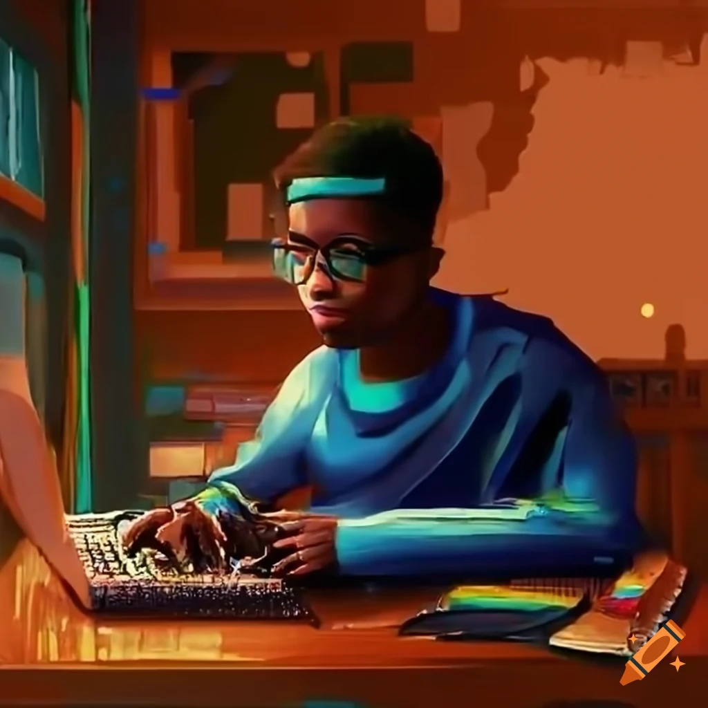 Black college student making beats on pc and midi in a cafe - ai ...