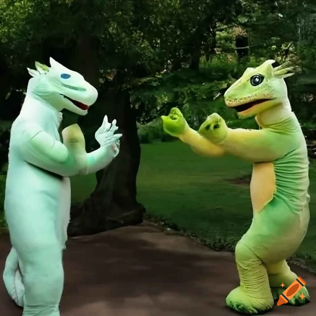 Two female workers in full body lizard mascot costumes at zoo on Craiyon