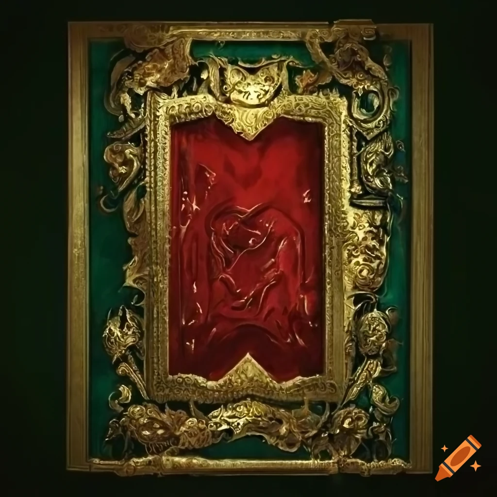 Green and black journal with gold and red gilding on the cover on Craiyon
