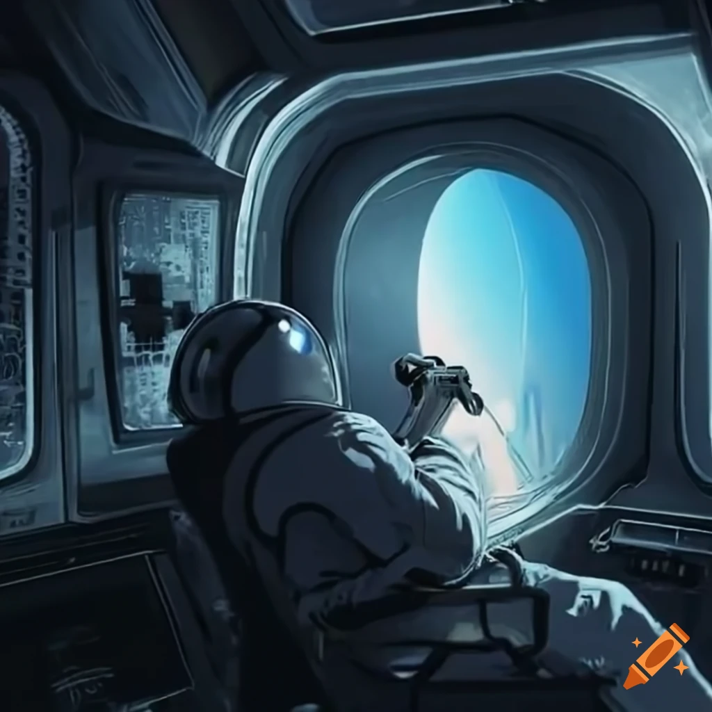 Man in a spaceship cockpit looking at light through window on Craiyon