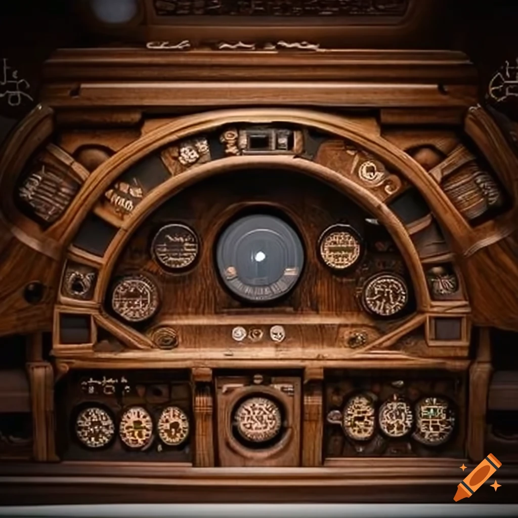 Elaborately carved wood spacecraft cockpit on Craiyon