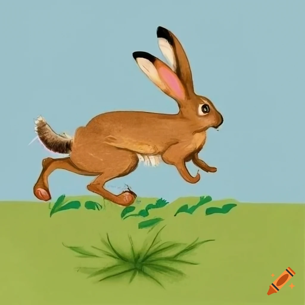 Hare running with a carrot in a children's book illustration on Craiyon