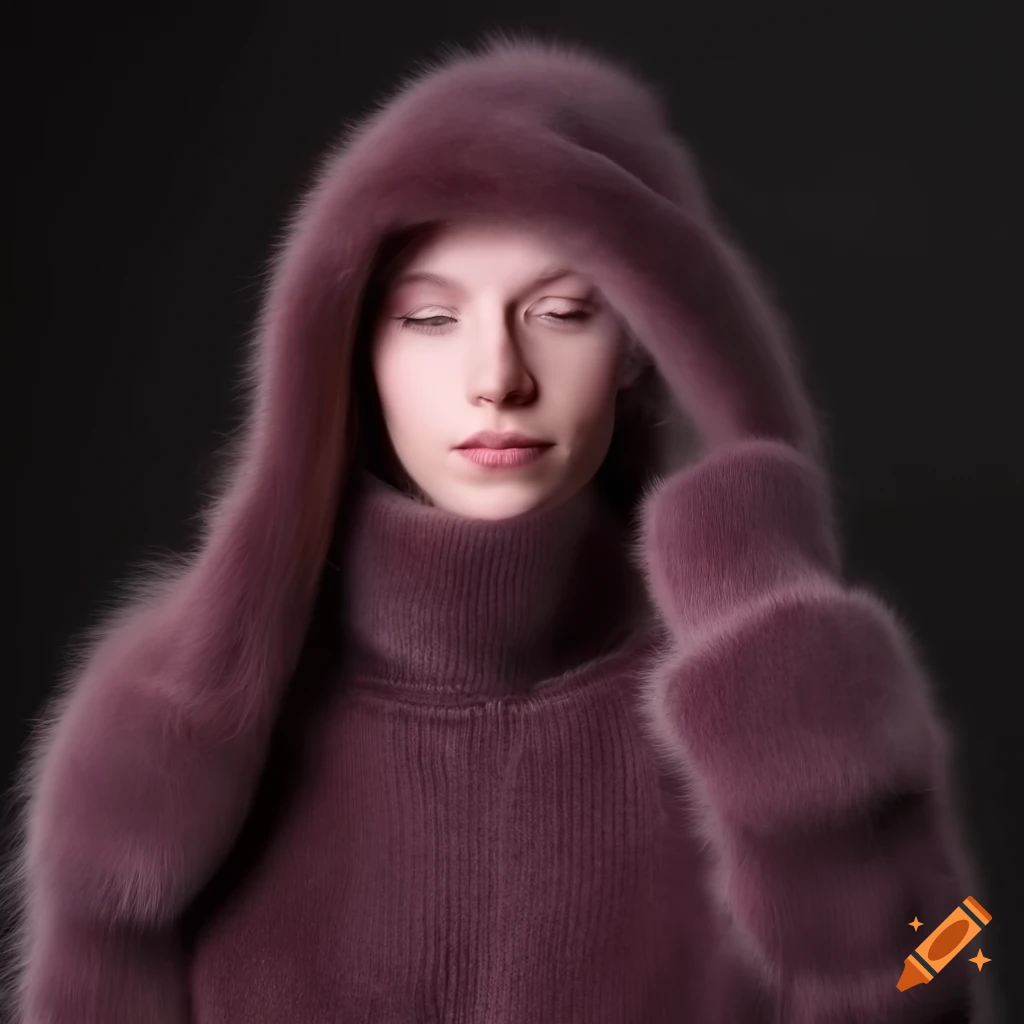 Young woman with long purple hair in beige angora outfit and black fur ...