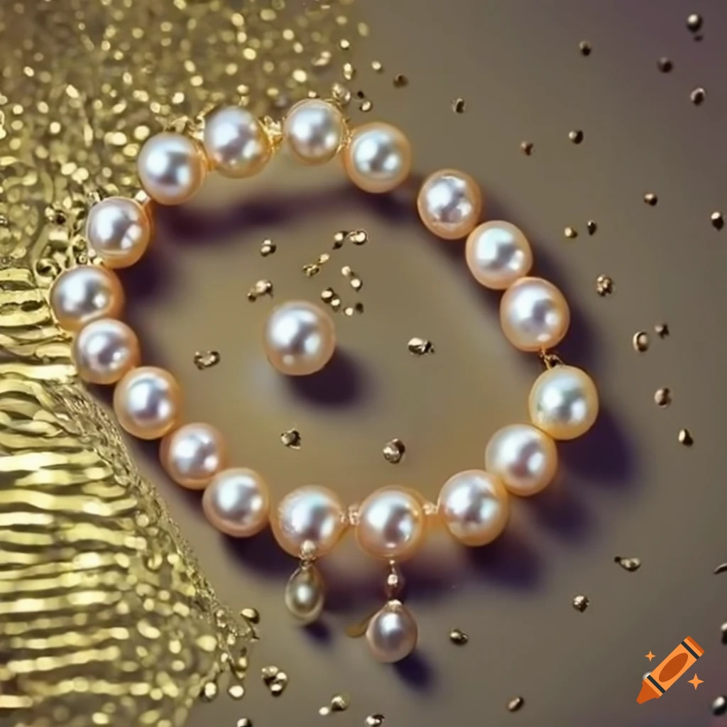 Pearl necklaces and small pearls on a gold metallic background on Craiyon